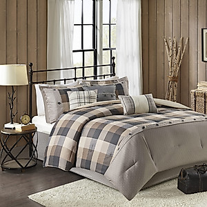 Madison Park Ridge Comforter Set-Cabin Lodge Plaid Herringbone Design All Season Down Alternative Cozy Bedding with Matching Bedskirt, Shams, Decorative Pillow, King(104"x92"), Neutral 7 Piece