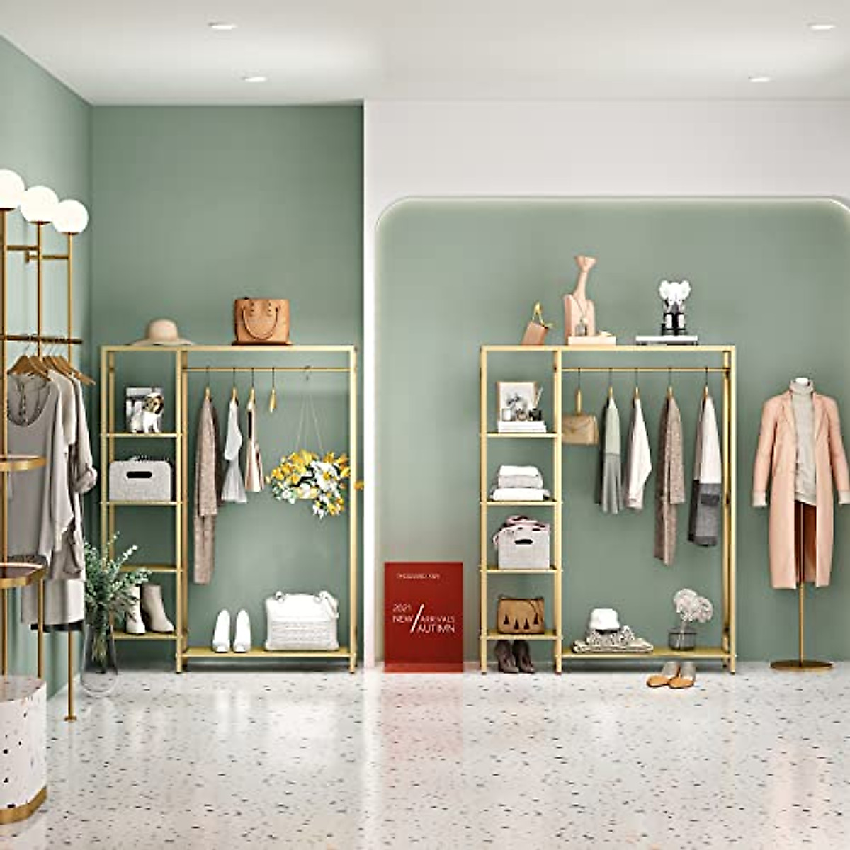 TIEOU Gold Clothing Rack with Shelves, Standing Garment Rack, Clothes Rack for Hanging Clothes, Modern Rack Clothes, Gold Clothes rack,Wardrobe Closet, Industrial Clothing Rack, Gold