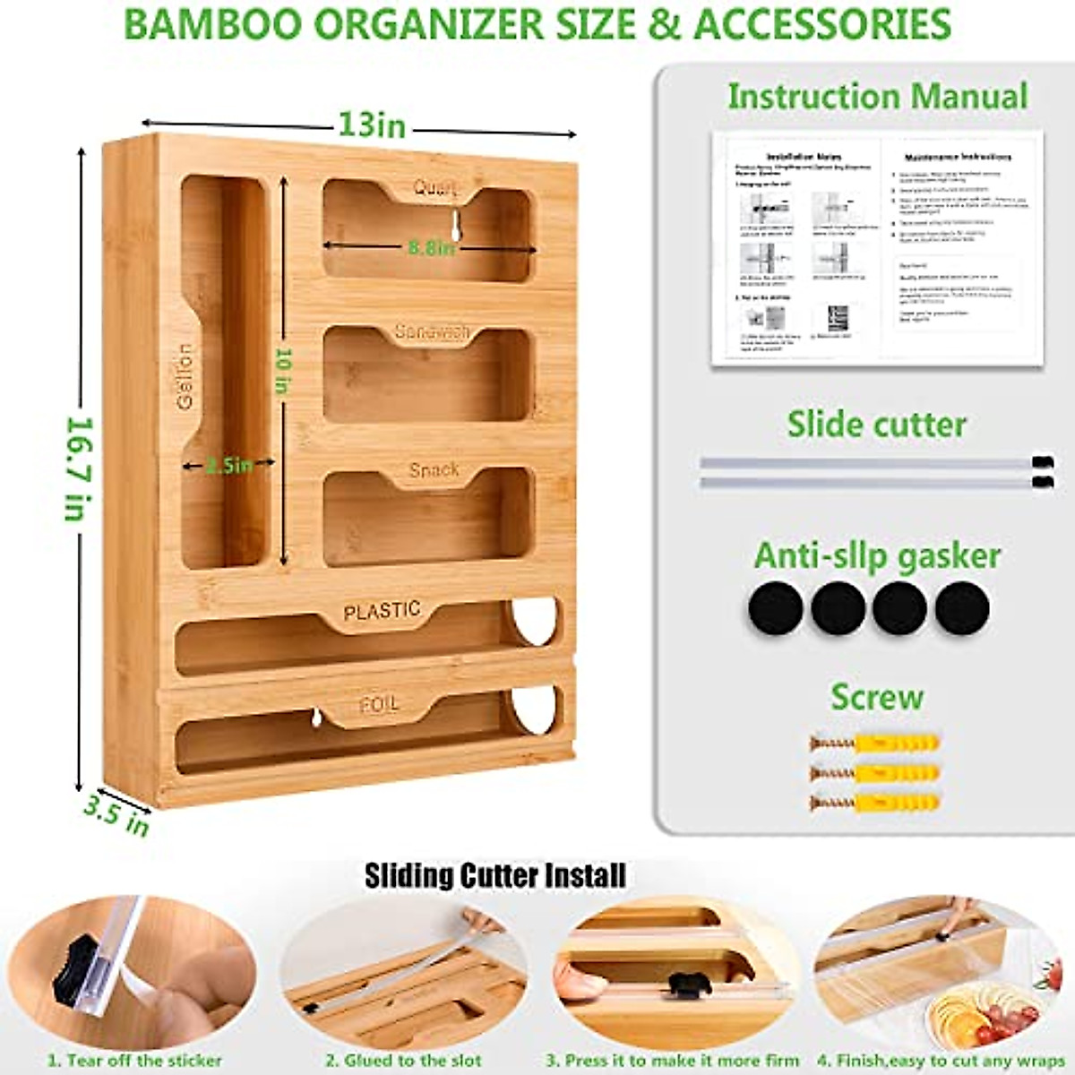 TOOVREN Ziplock Bag Storage Organizer and Wrap Dispenser with Cutter and Labels, 2 in 1 Bamboo Kitchen Drawer Organizer, Foil and Plastic Wrap Organizer, Plastic Baggie Organizer Food Bag Organizer