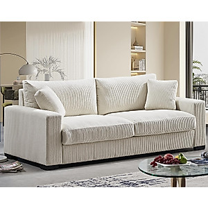Container Furniture Direct Luxe Corduroy Sofa with 2 Toss Pillows, Spacious and Comfortable 3 Seater Couch for Modern Living Room, Ideal for Entertainment and Cozy Moments, 89" Wide, Beige