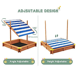 Kids Sandbox with Cover, 46.5" Wooden Sand Box w/Adjustable Canopy, Large Outdoor Cedar Sandpit for Backyard Play