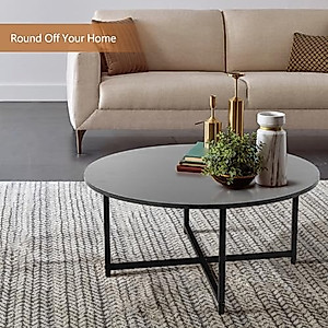 TOYSINTHEBOX Round Coffee Table Modern Coffee Table Sofa Table Tea Table for Living Room, Office Desk, Balcony, Wood Desktop and Metal Legs, Black, 31.5"