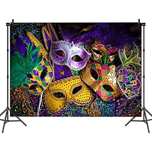 Mardi Gras Beads Photography Backdrop for Mask Prom Dance Decorations Gold Green Purple for Carnival Masquerade Ball Birthday Party Banner Supplies Photo Background Vinyl 5x3ft Photo Booth Props