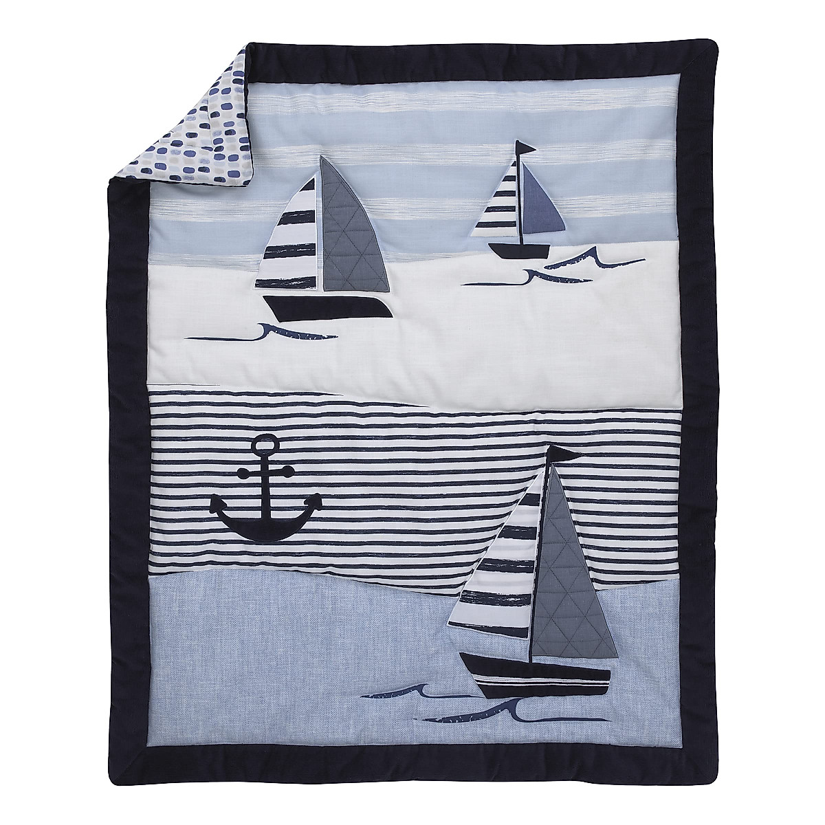 Nautica Nautical Adventure Blue & White Sailboat, Anchor, Waves, & Stripes 4Piece Nursery Crib Bedding Set - Comforter, 100% Cotton Fitted Crib Sheet, Crib Skirt, & Storage, Navy, Light Blue, White,