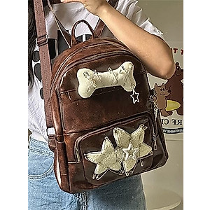 JHTPSLR Y2K Gothic Backpack Vintage Aesthetic PU Leather Backpack Y2K Gothic Accessories Backpack Grunge Y2K Backpack Trendy Backpack (Retro Brown)