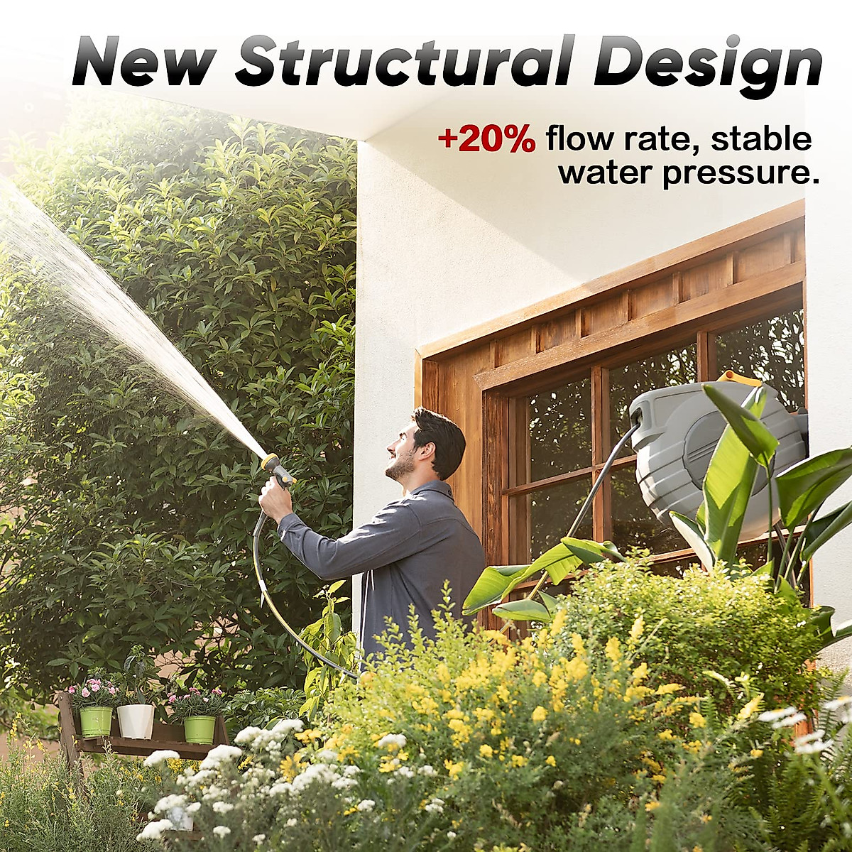 GLAHODEN Retractable Garden Hose Reel 5/8 in x 65 ft Upgraded UV Resistant Heavy Duty Automatic Hose Reel Wall Mount 3/4 in Brass Fitting 9 Pattern Nozzle Any Length Lock Slow Retraction 180° Swivel