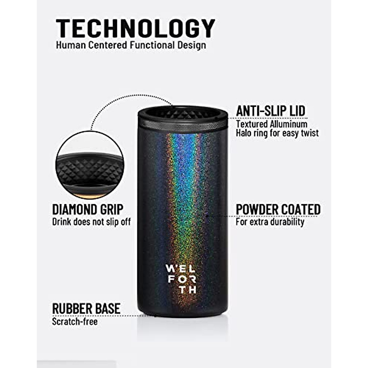 Welforth Slim Can Cooler for Slim Beer & Hard Seltzer Double-walled Stainless Steel 12oz Sleeve Skinny Can Coozies Drink Holder(GLITTER BLACK)