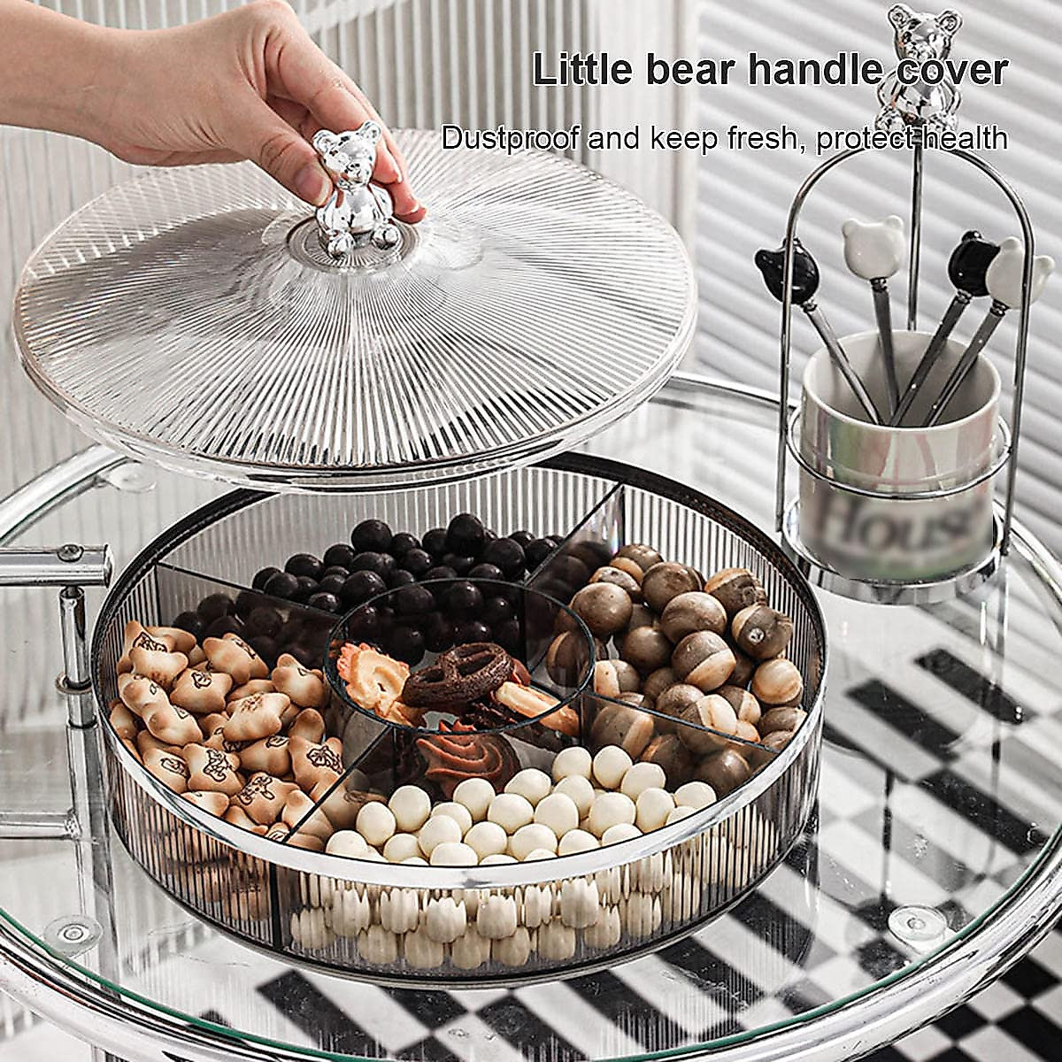 Snack Serving Tray, Dry Fruit Snack Relish Tray with Lid, 5 Compartments Snack Trays for Party, Plastic Appetizer Tray, for Dried Fruits, Nuts, Candies, Sweet Cookies and Fruits