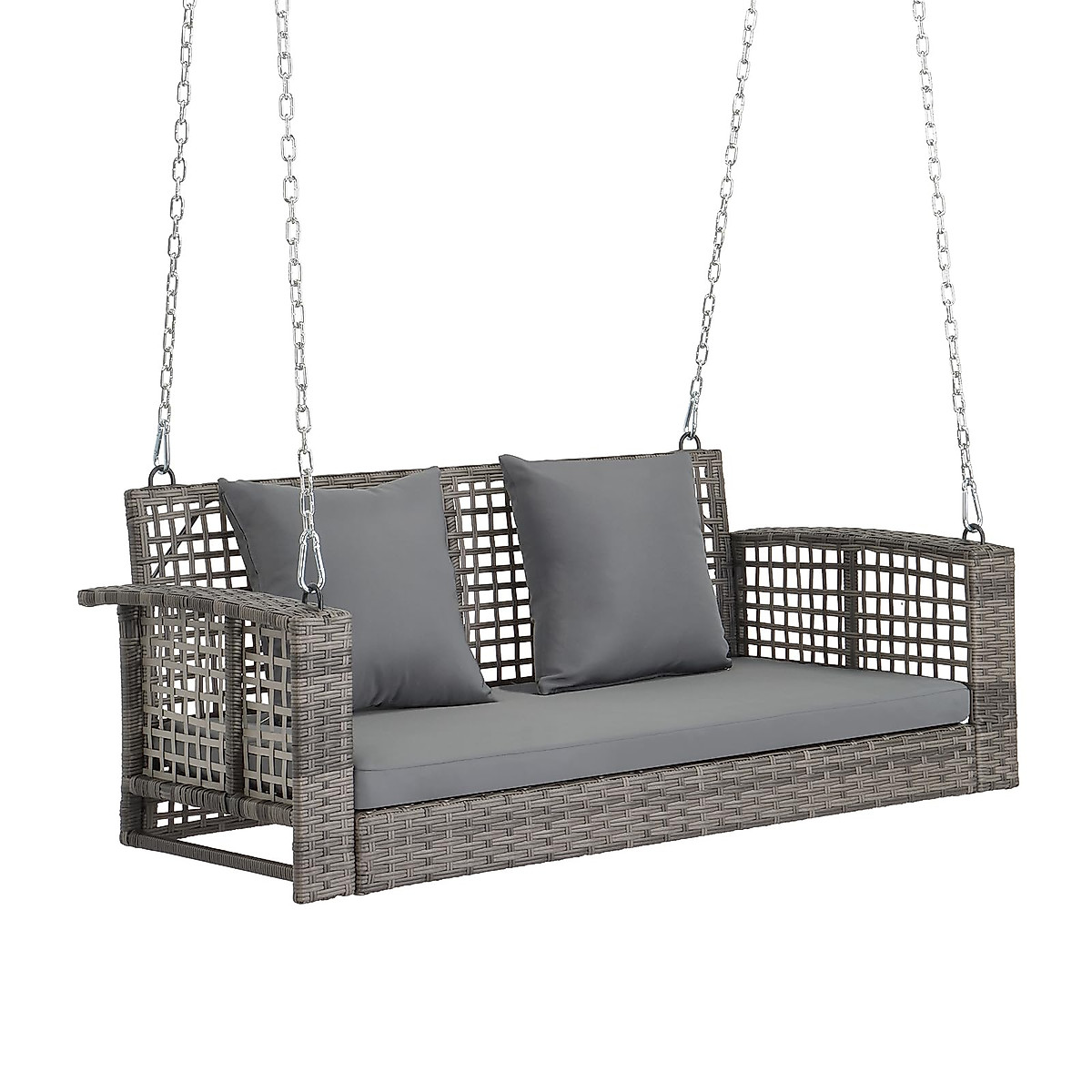 VINGLI 4 FT Rattan Porch Swing Outdoor Support 800 LBS with Cushions & Adjustable Chains, Patio Wicker Swing Bench Chair for Garden, Yard, Lawn, Tree, Grey