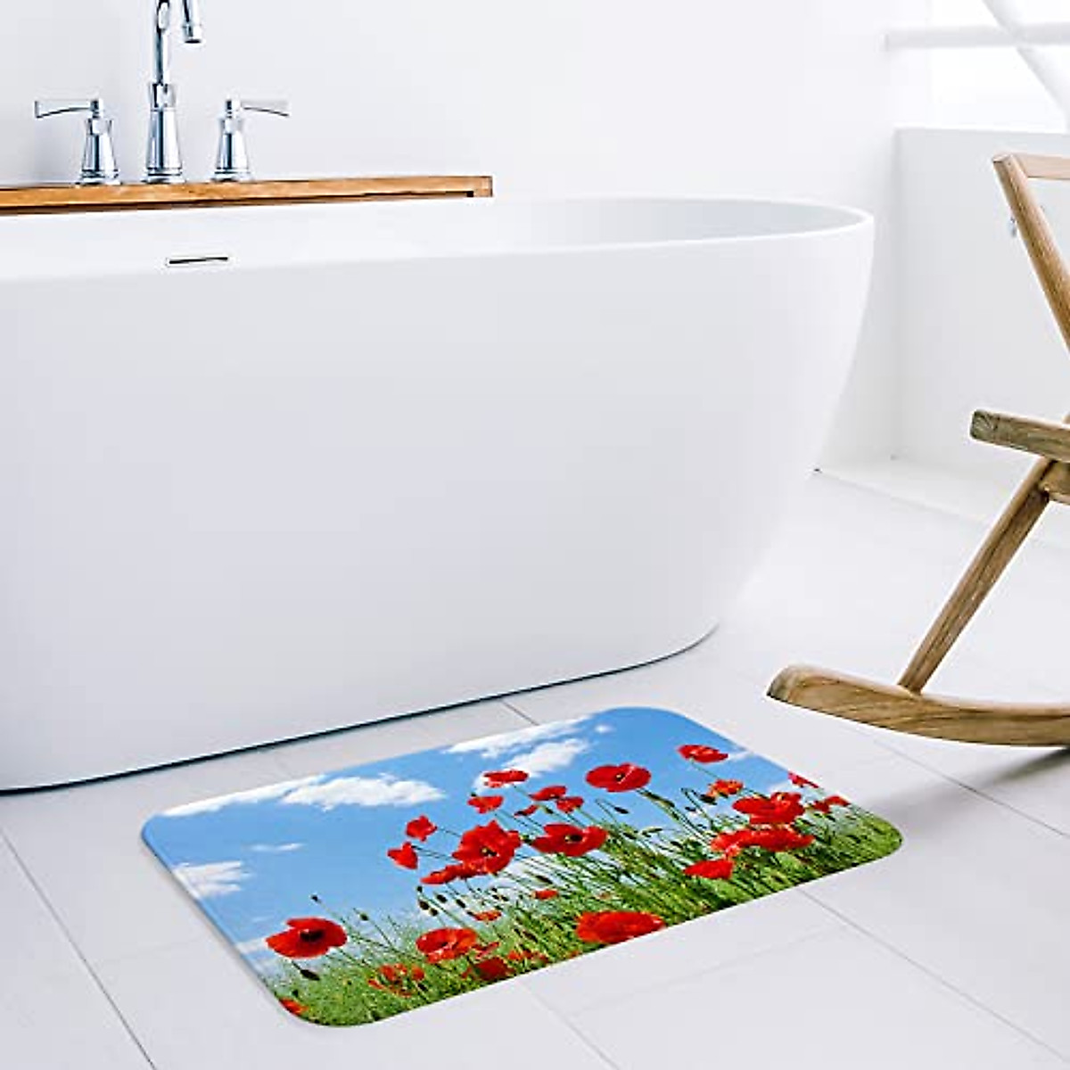 Door Mat Red Flowers Memory Foam Cushioned Kitchen Rug, 16x24 Inch Water Absorbent Soft Touch Standing Mat for Bathroom, Office, Sink, Laundry, Home Green Leaves Blue Sky Landscape Texture