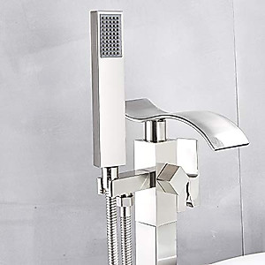 Senlesen Barthroom Tub Filler Faucet Floor Mounted Bathtub Shower Faucet Waterfall Spout Free Standing Tub Mixer Tap with Handheld Sprayer Brushed Nickel