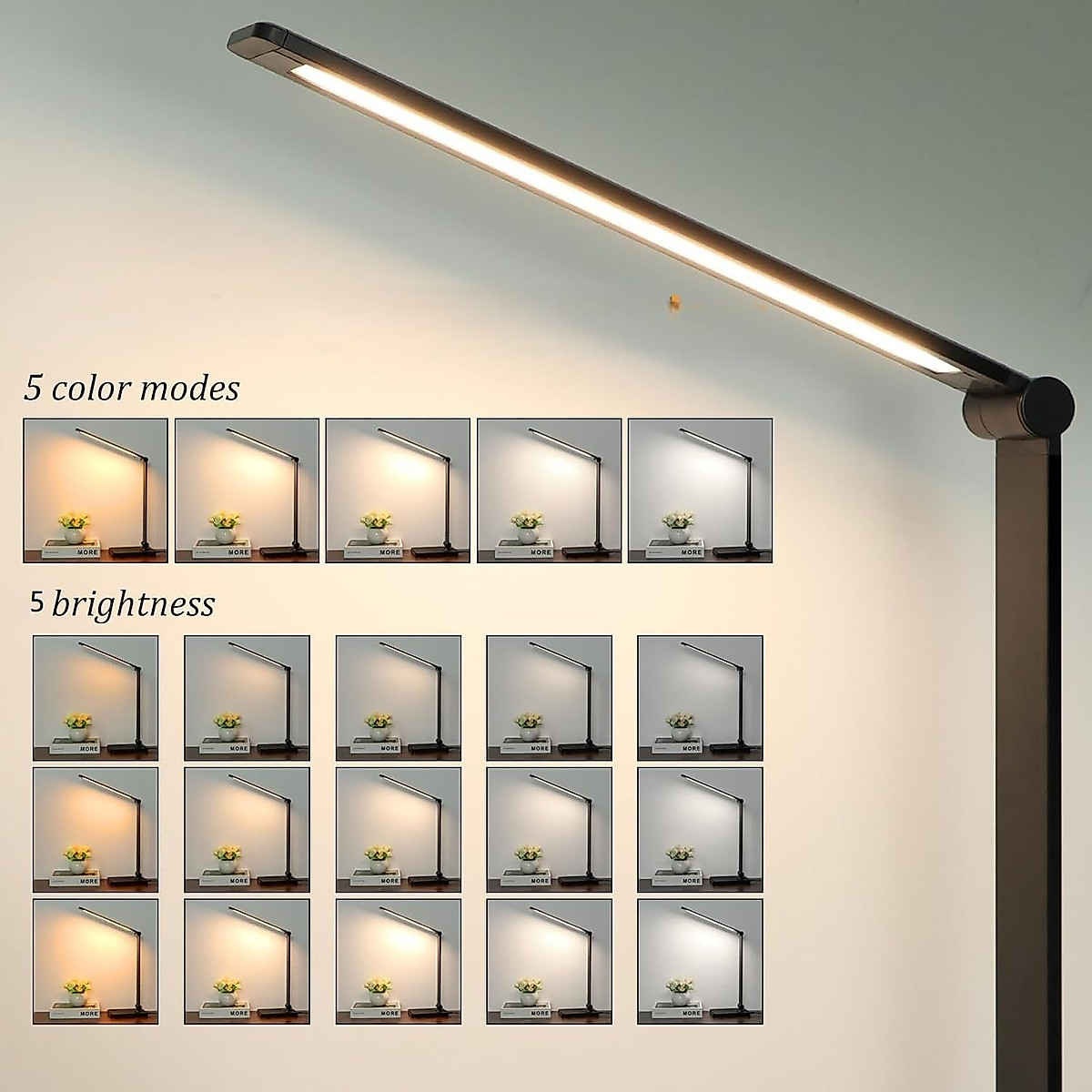 White crown LED Desk Lamp Dimmable Table Lamp Reading Lamp with USB Charging Port, 5 Lighting Modes, Sensitive Control, 30/60 Minutes Auto-Off Timer (Black)