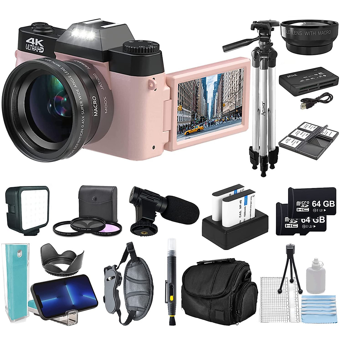 eDealz 4K 48MP Digital Camera Kit for Photography, Vlogging for YouTube w/Flip Screen, WiFi, Wide Angle Lens, Filters, 2X 64GB Micro SD Cards, 50" Tripod, Case, Card Reader, Microphone, LED (Pink)