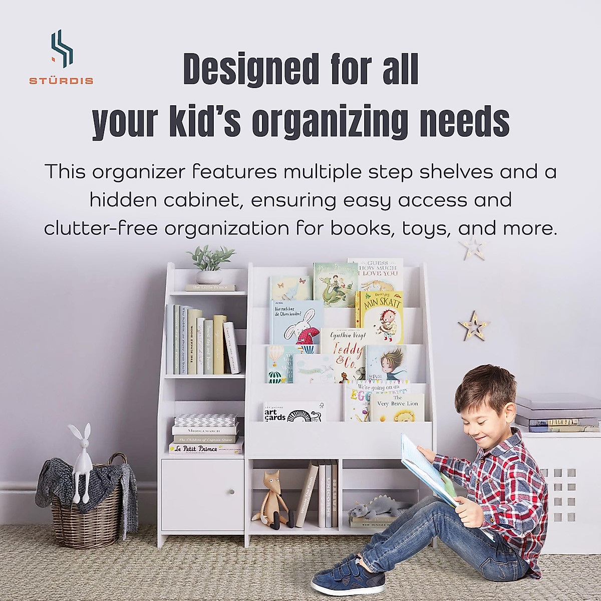 Sturdis Modern Rounded Edge Wooden Kids Bookshelf with Storage Cabinet, Book Organizer Storage Shelves for Bedrooms, Playrooms, and Nurseries, White