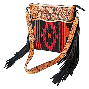 American Darling Large Leather Fringe Crossbody Bag Vintage Quilted Saddle Blanket Western Handbags Cowhide Handmade Shoulder Handbag Hand-Carved Strap ADBGZ555