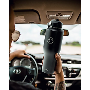 BUZIO 40 oz Insulated Water Bottle Tumbler with Straw and Lids (2 Lids), 40oz Stainless Steel Water Bottles Fits in Any Car Cup Holders, Large Capacity Metal Coldest Flask, Cupholder Friendly, Shadow
