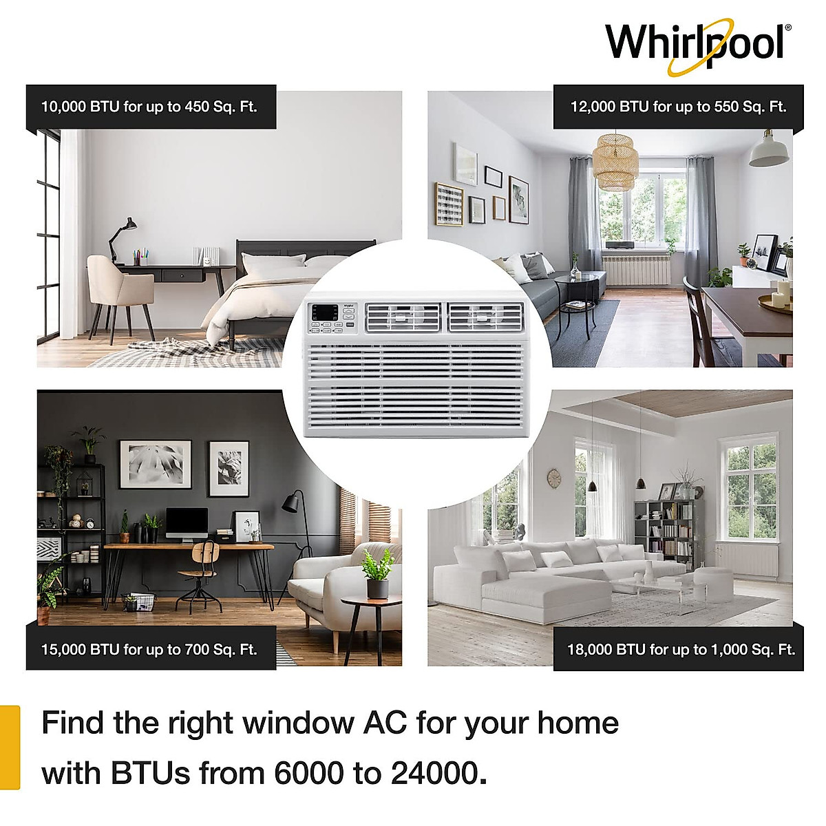 Whirlpool 10,000 BTU Window Air Conditioner and Dehumidifier, 115V, Window AC Unit for Medium Rooms up to 450 Sq. Ft., Apartment, or Bedroom with Remote Control, White