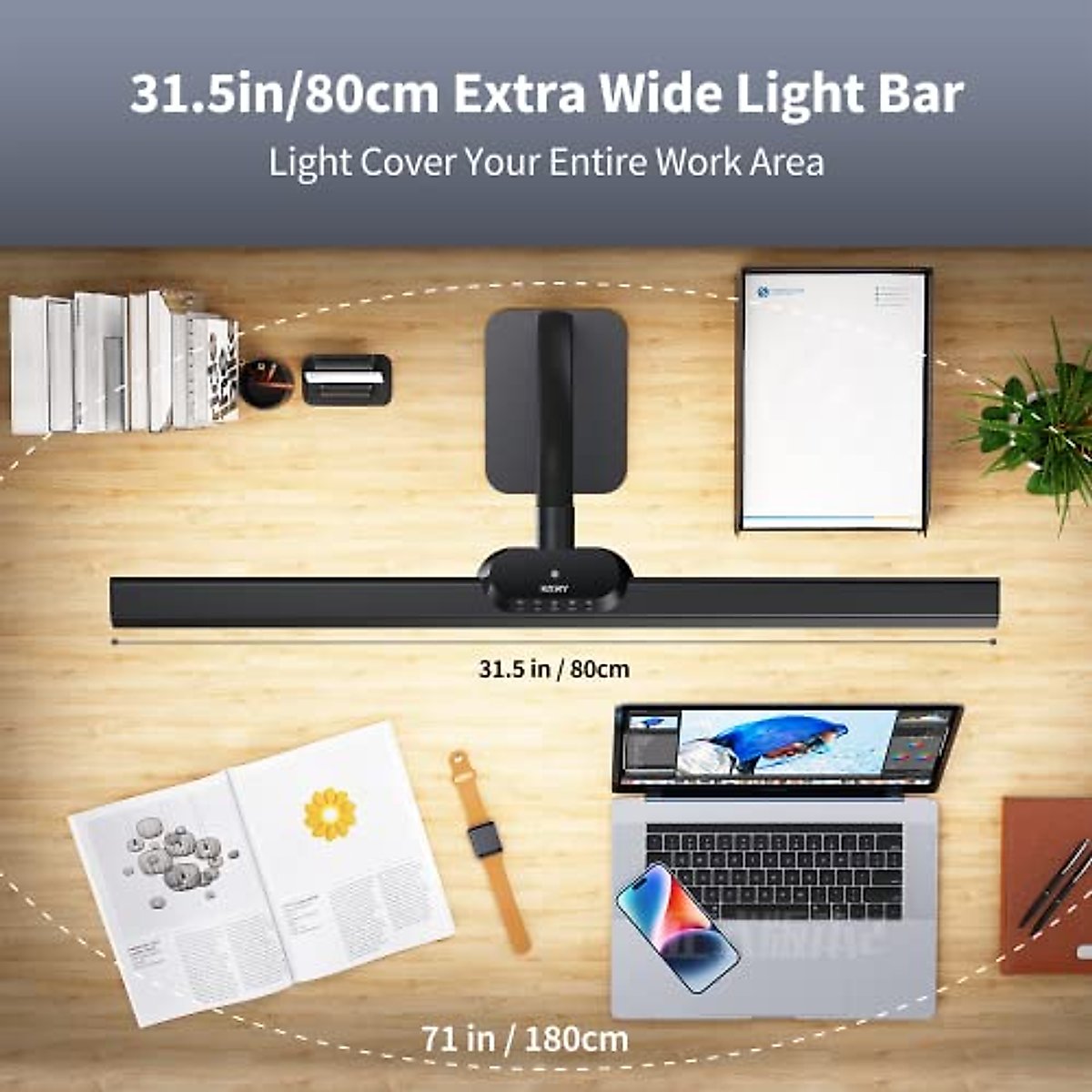 Kary LED Desk Lamp, 24W Architect Desk Lamps with Base 31.5" Wide Home Office Lights 1800LM Extra Bright Table Lighting with Adjustable Lights, 5 Color Modes, Studio Work Lamp for Task, Drafting