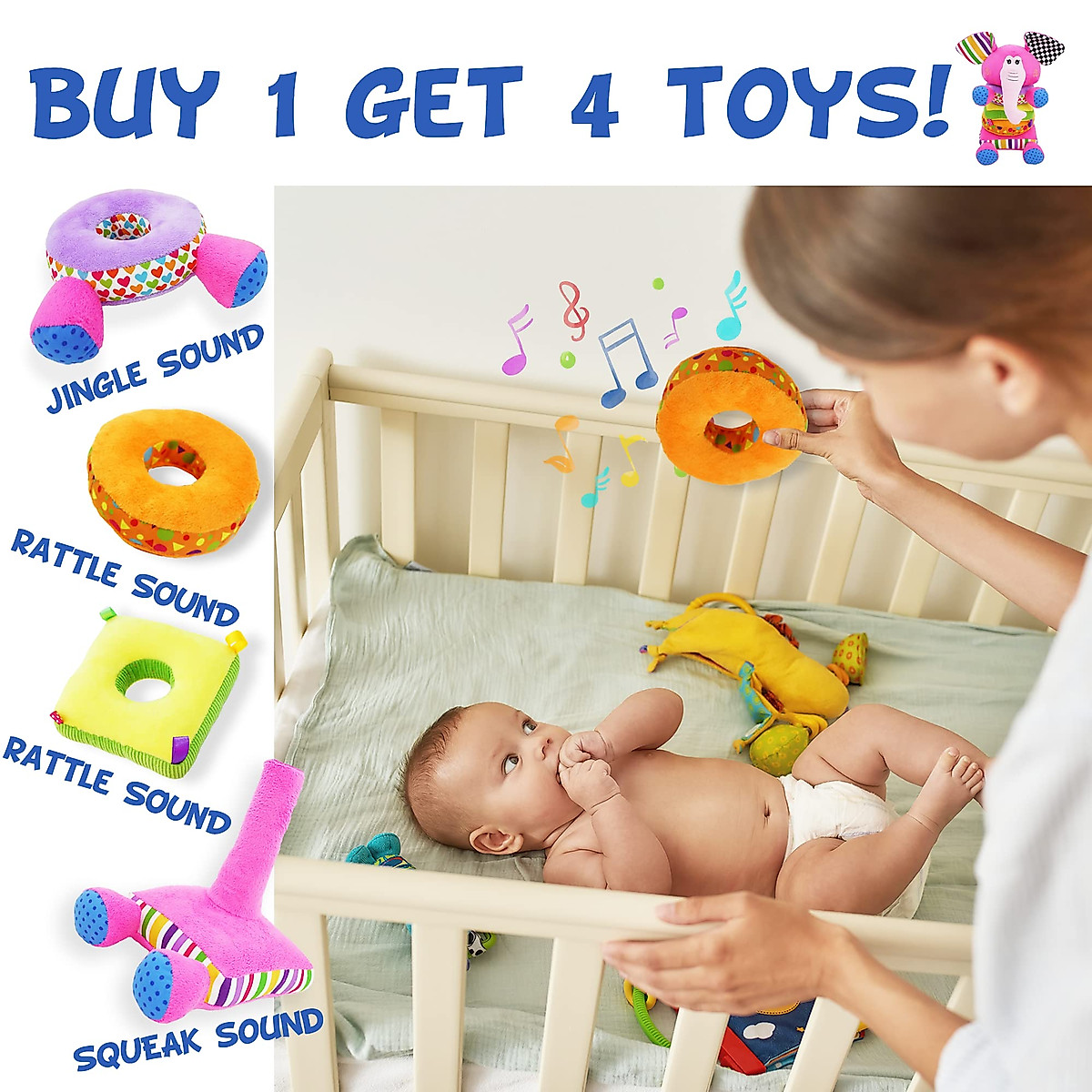 June Garden 11" Soft Stacking Rings Toy - Educational Stuffed Plush Elephant Sensory Development Rattles - Montessori Activity Sensory Learning Toy - 6 Months and Up