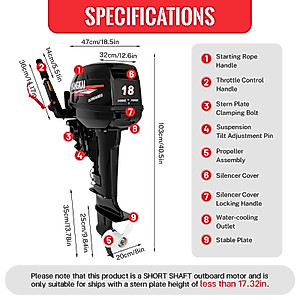 18HP Outboard Motors 2 Stroke Water-Cooled Short Shaft Outboard Boat Motor,246CC Heavy Duty Boat Motor Fishing Boat Kayak Engine with CDI Air Cooling System