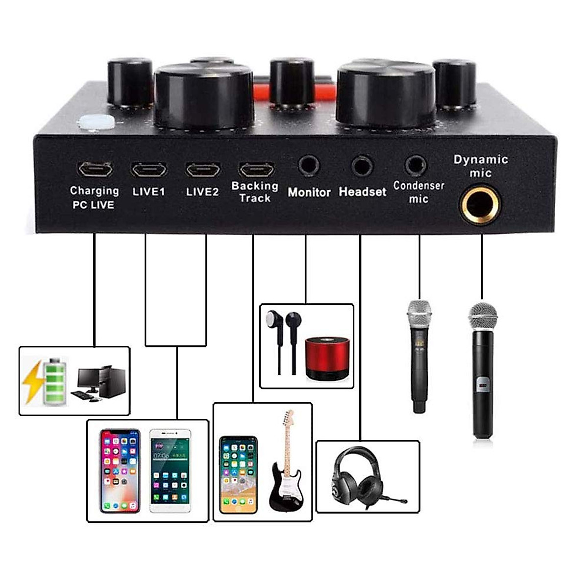 Bluetooth Sound Mixer Board, V8 Sound Card, for Live Streaming with Effects, for Music Recording Karaoke Singing Broadcast on Cell Phone Computer Laptop Tablet