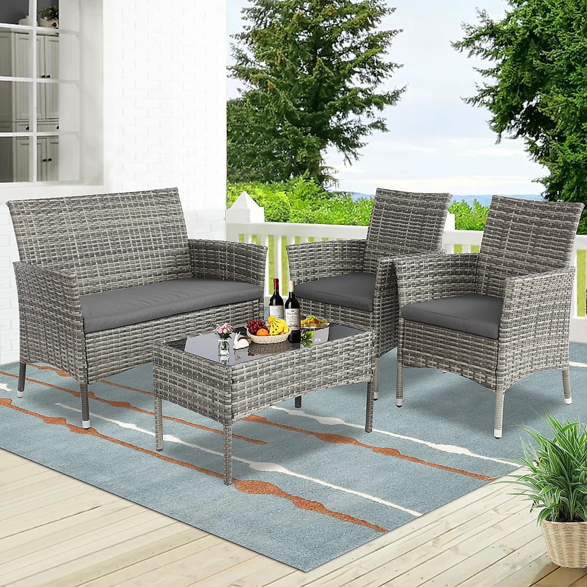 HTTH 4-Piece Outdoor Patio Furniture Sets Wicker Sofa with Cushions and Coffee Table Garden Lawn Pool Backyard Outdoor Sofa Sets (Grey-Grey)