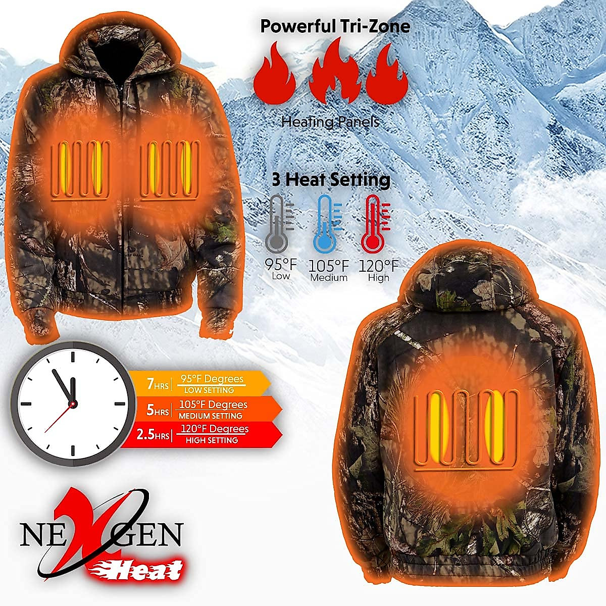 Nexgen Heat NXM1776SET Men's Camouflaged Heated Zipper Hoodies - Warming Camo Hoodie for Hunting w/Battery - XX-Large