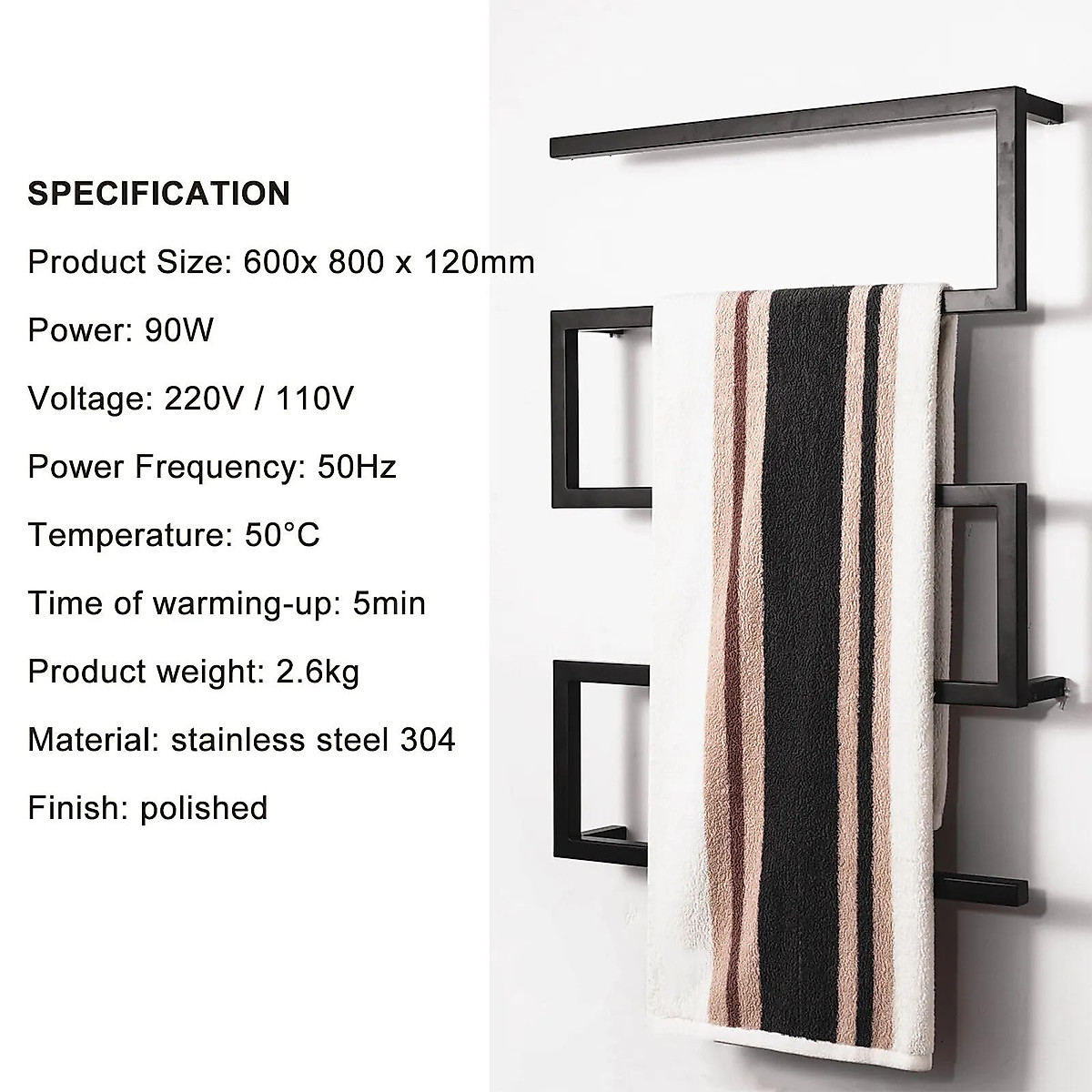 Heated Towel Rack Wall Mounted Holder 5Bars Rustproof Sturdy Space-Saving Heater Warmer Towel Racks Stainless Steel Bathroom Accessories Waterproof IP44 for Bathroom Kitchen Hotels (90W Black)