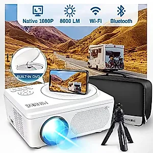 Native 1080P WiFi Bluetooth Projector Built in DVD Player, MINLOVE Full HD Portable Projector, Mini Video Movie Projector for Outdoor, Zoom & Sleep Timer Support, Compatible with TV/HDMI/VGA/AV/USB/TF