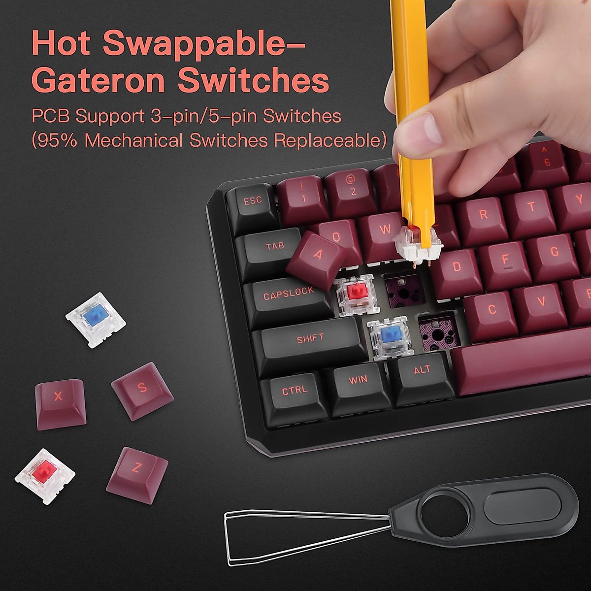 Darmoshark 2.4GHz Wireless/Wired Mechanical Keyboard — 65% (68 Key) Gaming Keyboard, Hot-Swap Switches, Programmable Macros, RGB LED Backlit, Type-C, PBT Spherical Keycap(Gateron Brown, Cherry Red)