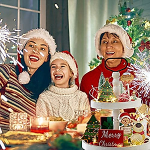 7 Pcs Christmas Tiered Tray Decor, Farmhouse Rustic Christmas Indoor Decorations Wooden Tiered Tray Xmas Tree Reindeer Elf Guidepost Merry Christmas Signs Set for Table Mantle Holiday Decor