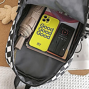 Checkerboard Light Academia Aesthetic Backpack for Teen Girls Cute Plaid Preppy Backpack with Plushies School Bag (D)
