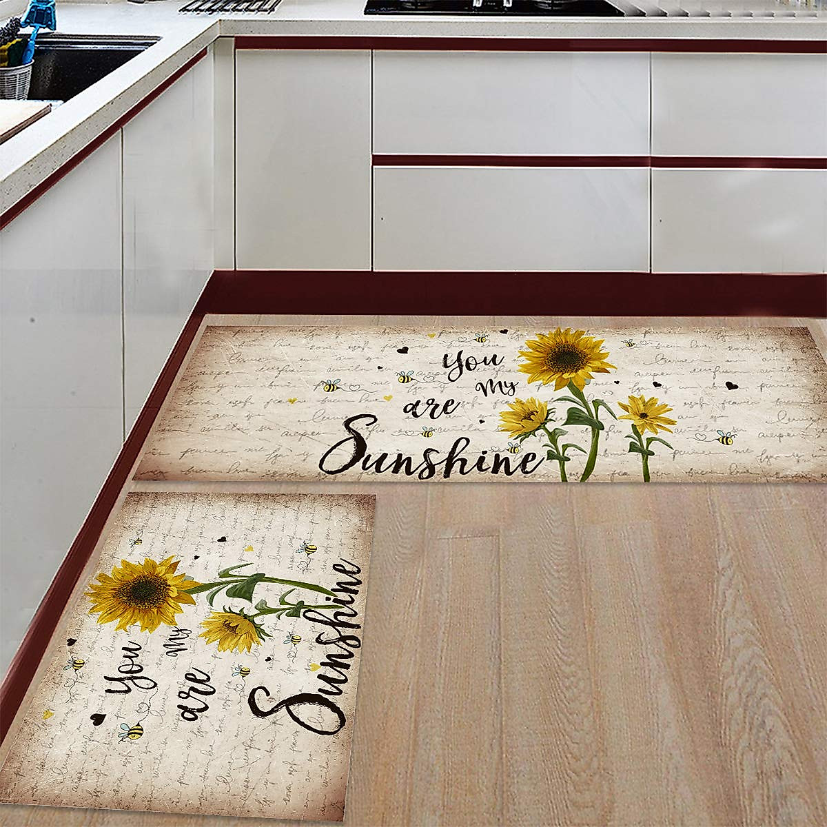 Rugs Set 2 Piece Kitchen Rugs, Taupe You are My Sunshine Sunflower Retro Letter Soft Waterproof Non-Slip Rubber Backing Floor Mats Doormat Bathroom Runner Area Rug Carpet, 15.7x23.6in + 15.7x47.2in
