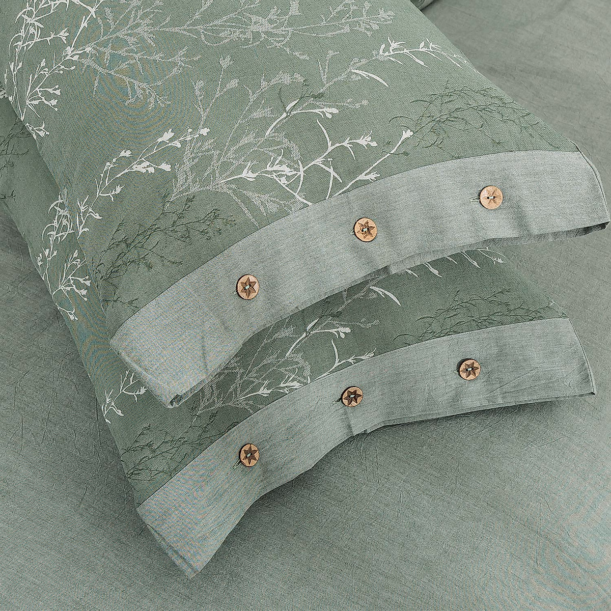 OREISE Duvet Cover Set King Size Washed Cotton Yarn, Jacquard Green and White Thin Branch Pattern Floral Style 3Piece Bedding Set