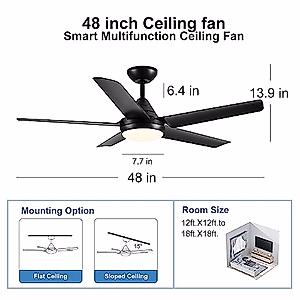 Wellspeed Ceiling Fans with Lights and Remote, 48 Inch Ceiling Fan with Reversible Blades, Quiet Motor, Modern Ceiling Fan for Living Room, Bedroom, Patios, Dining Room (Black, 48 Inch)