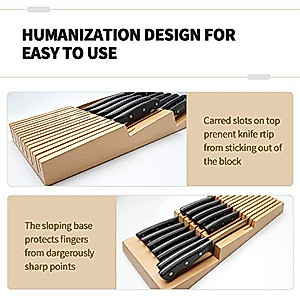 HomeEase In-Drawer Beechwood Knife Block, Knife Drawer Organizer and Holder (17.6X9.5X2.9 inches)