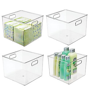 mDesign Plastic Modern Storage Organizer Bin Basket with Handles for Bathroom Organization - Shelf, Cubby, Cabinet, Vanity, and Closet Organizing Decor - Ligne Collection - 4 Pack - Clear