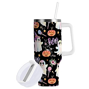 ODAWA Large Cute Halloween Specter Insulated Water Tumbler with Handle and Straw Lid, 2 in 1 Lid Steel Insulated Tumbler