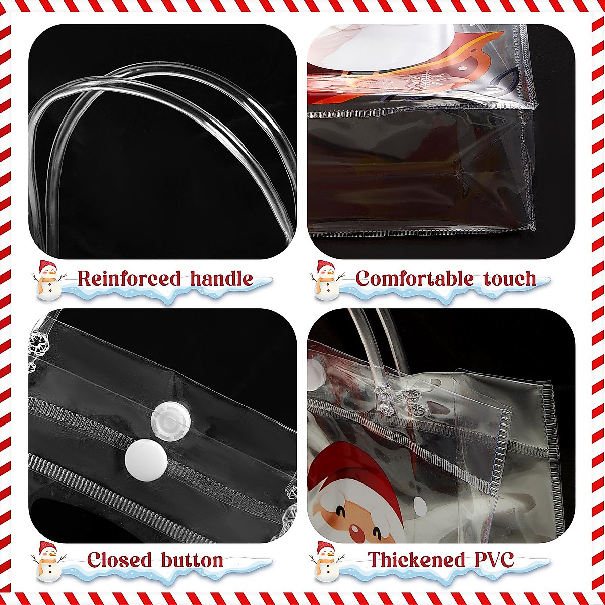 Henoyso 24 Pcs Christmas Clear Gift Bags Plastic Candy Treat Bags Snowman Santa Gift Bags with Handles and Ribbon PVC Gift Wrap Totes for Xmas Party Favors(7.8 x 7.8 x 3.1)