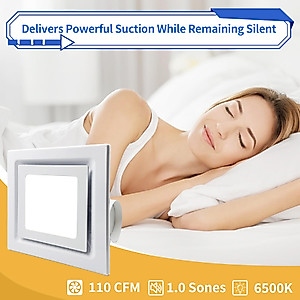 Yopmb Bathroom Exhaust Fan with LED Light ，Square Ceiling Mount Quiet Exhaust Fan for Shower/Bathroom/Office/Home/Restroom，1.0Sone 110 CFM 110V 4" Duct, White