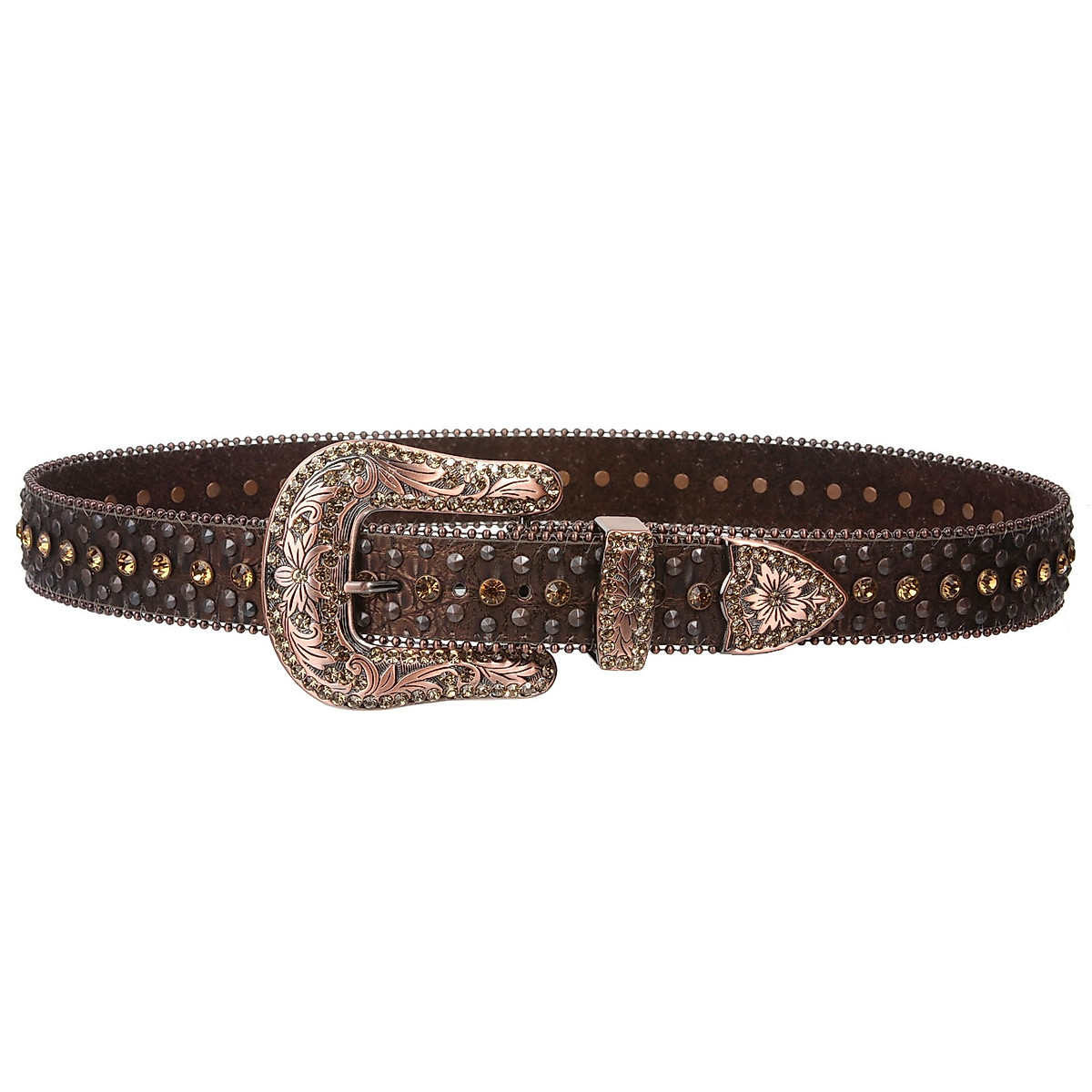 Western Cowgirl Faux Alligator Rhinestone Studded Leather Belt, Brown | 34"