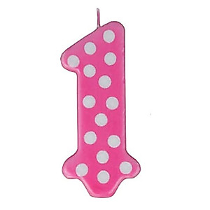 Oasis Supply Girl Polka Dot No. 1 Birthday Party Wax Candle For Cake Decorations, 3.25” Tall, Pink & White