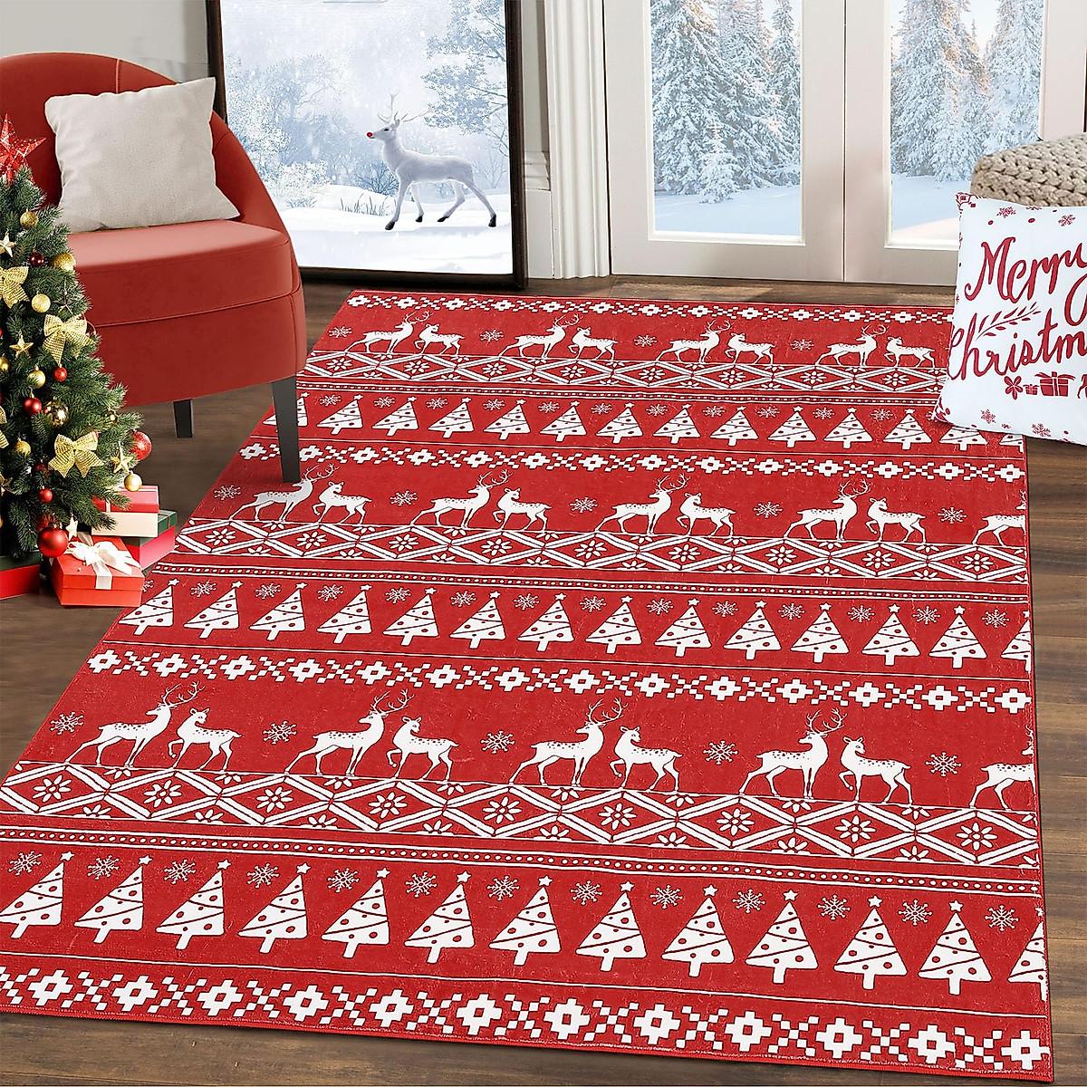 RUGSREAL Washable Christmas Area Rug Christmas Tree and Deer Boho Area Rugs Carpet Holiday Decorative Carpet Rug Velvet Foldable Coffee Table Accent Rug Farmhouse Dining Table Rug, 4' x 6'