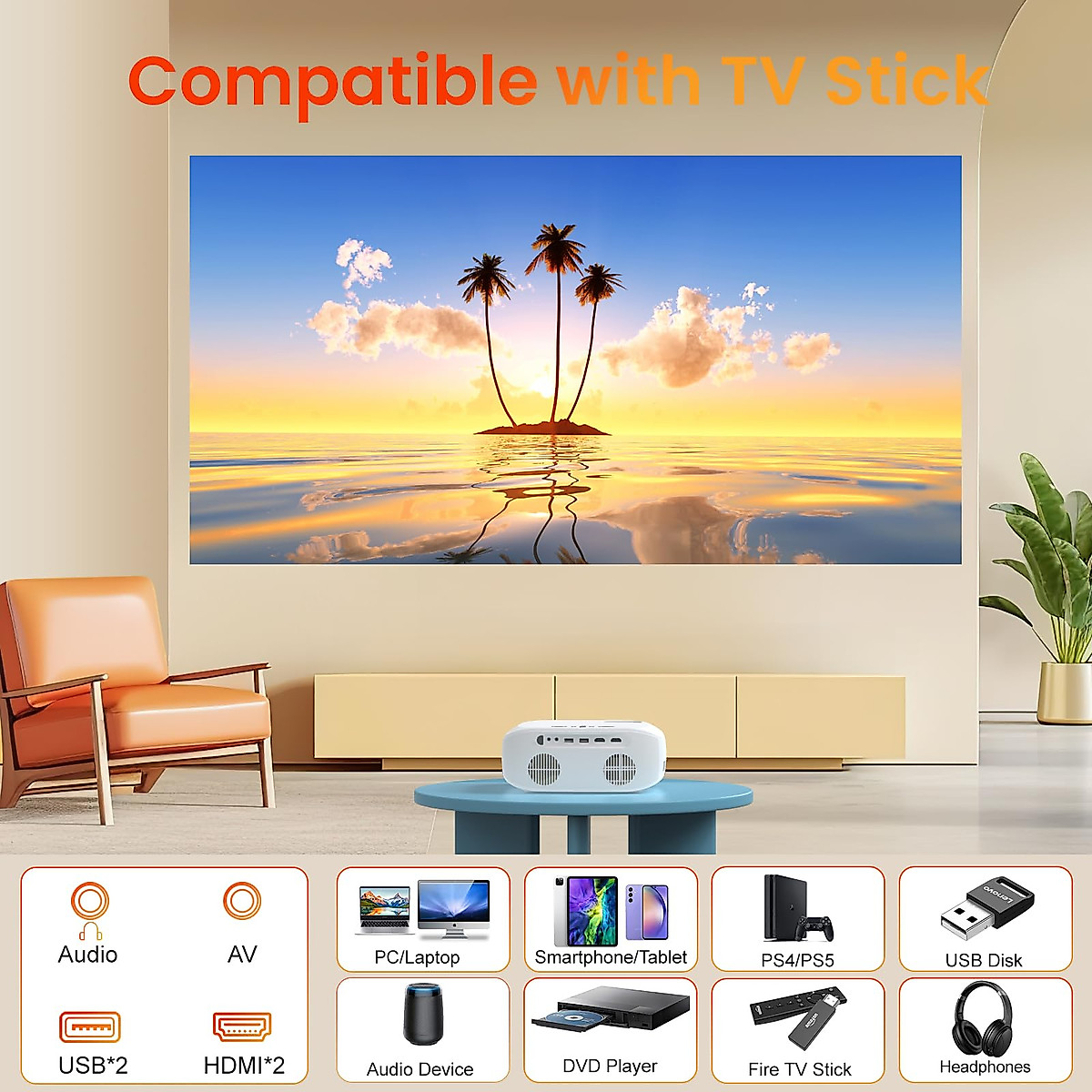 HAPPRUN Projector, 5G WiFi Bluetooth Projector, Native 1080P Portable Projector with Screen and Bag, Support 4K, Zoom, 300" Outdoor Movie Projector Compatible with iOS/Android/TV Stick/PS5