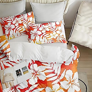 Duvet Cover Full Size, Red Hibiscus Hawaiian Flower Bedding Set with Zipper Closure for Kids and Adults, Surf Floral Tropical Comforter Cover with 2 Pillow Shams for Bedroom Bed Decor