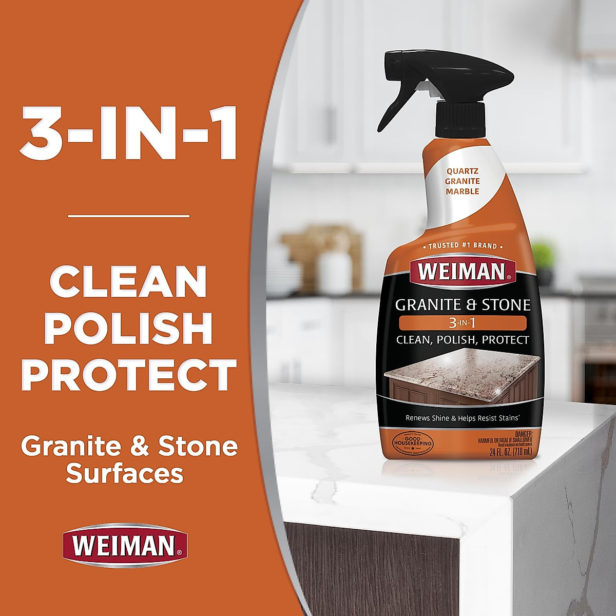 Weiman Granite Cleaner Polish and Protect 3 in 1 - 2 Pack - Streak-Free, pH Neutral Formula for Daily Use on Interior & Exterior Natural Stone