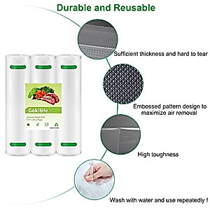 Gokilife Vacuum Sealer Bags Rolls - 11" x 20' Rolls 3 Pack Compatible with Food Saver Seal a Meal, Heavy Duty BPA Free Commercial Fresh Bag, Cut to Size for Vac Storage, Meal Prep or Sous Vide