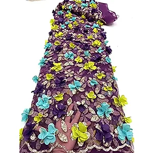 African 3D Lace Fabrics 5 Yards Colorul French Tissue Embroidered Sequin Wedding Dresses ML81N152 (Purple)