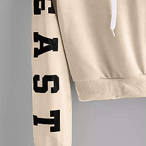 Bblulu Women's Letter Print Sweatshirt Raw Hem Drawstring Crop Top Hoodie Solid Color Pullover Hooded Sweatshirts