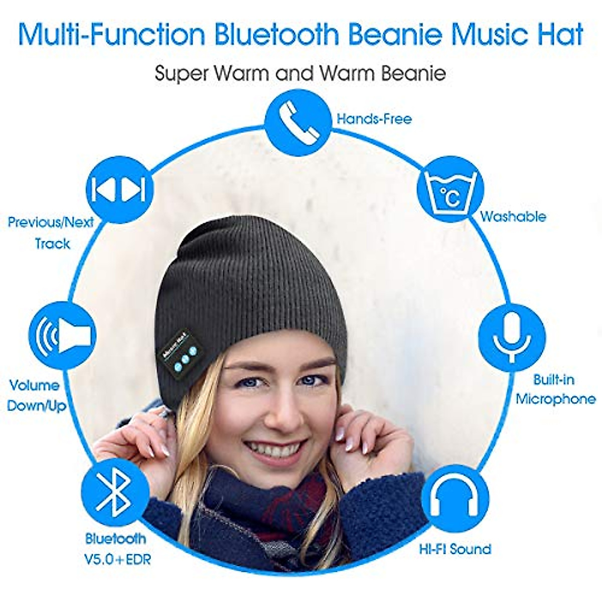 Bluetooth Beanie Hat Wireless Headphone Cap Music Soft Hat with Stereo Speakers,Winter Knit Hat Mic Hands-Free for Men Women Teenagers Sports Fitness Travel Birthday Xmas Gift (Black)